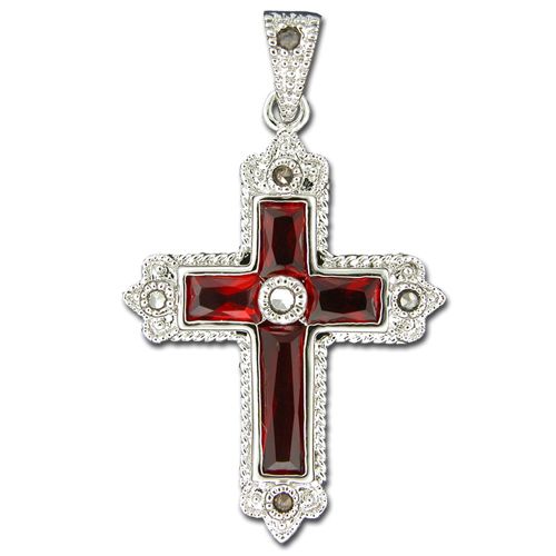Sterling Silver Antique Cross Design with Oval Shaped Garnet Red CZ Pendant