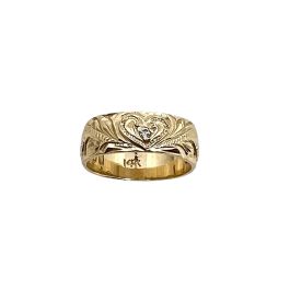 14K Yellow Gold Custom Hawaiian Ring with Hand Carved Heart with Diamond